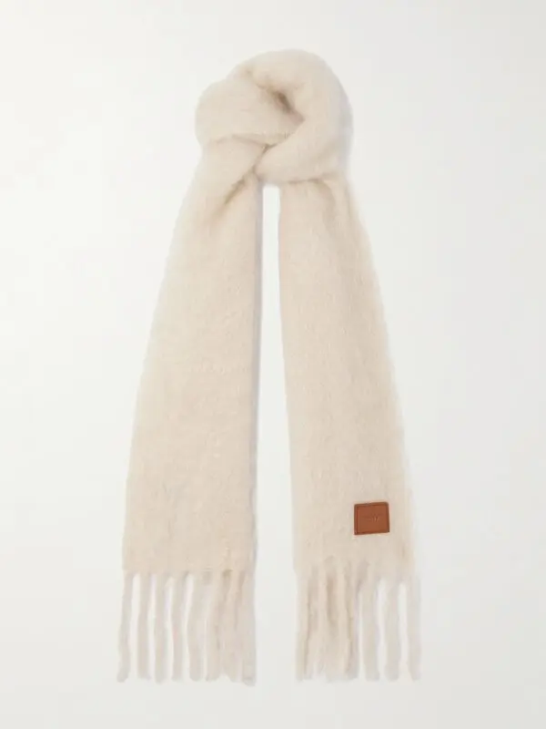 Loewe Fringed Appliquéd Leather-trimmed Brushed Mohair-blend Scarf - Neutrals
