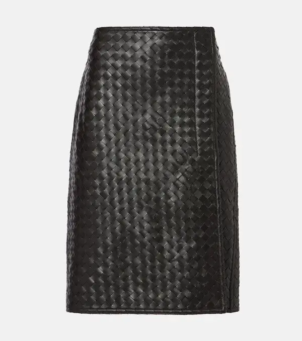 Bottega Veneta Intrecciato Leather Midi Skirt - Brown