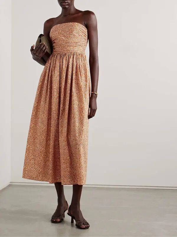 Matteau Strapless Floral-print Organic Cotton-poplin Midi Dress