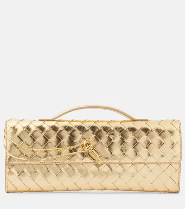 Bottega Veneta Andiamo Intrecciato Metallic Leather Clutch - Gold