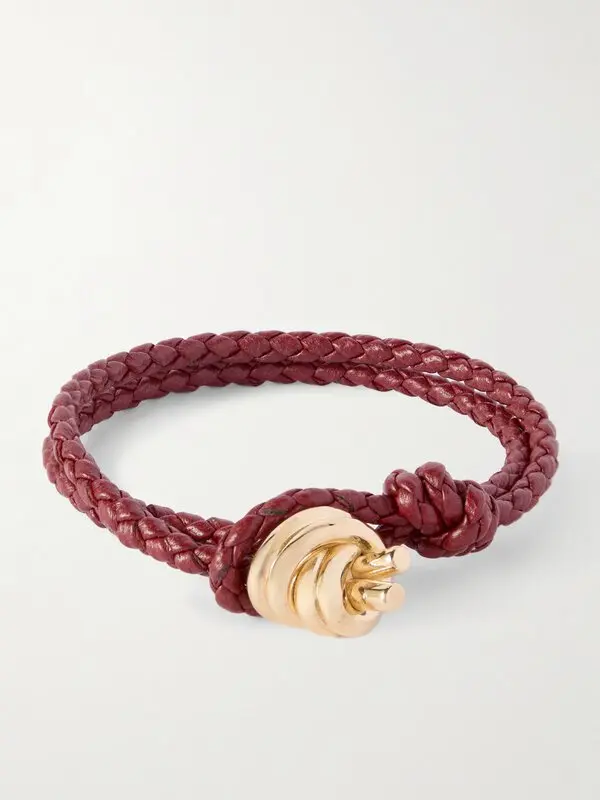Bottega Veneta Intrecciato Leather And Gold-tone Bracelet - Red