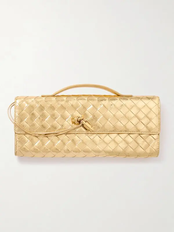 Bottega Veneta Andiamo Long Intrecciato Metallic Leather Clutch - Gold