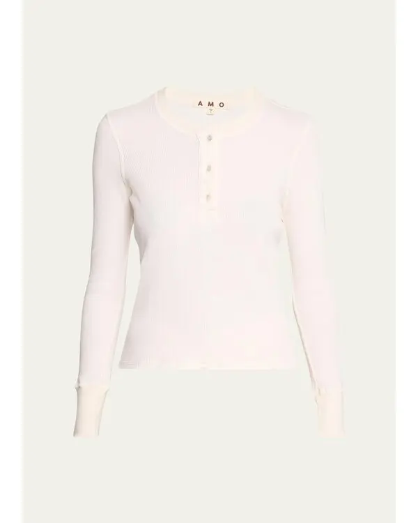 AMO Ribbed Thermal Henley Tee - White
