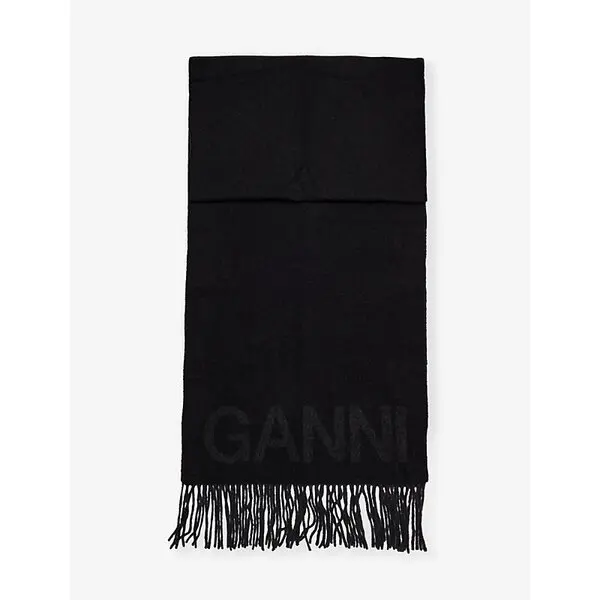 GANNI Logo-pattern Fringed Wool Scarf - Black