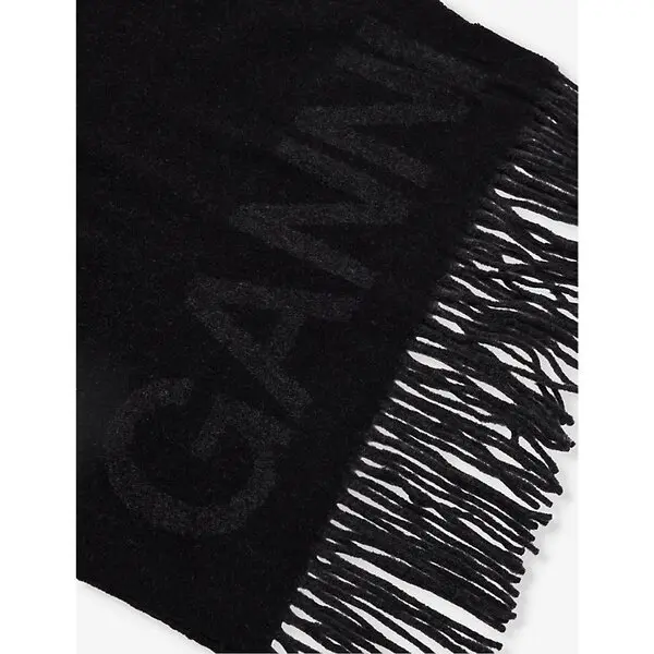 GANNI Logo-pattern Fringed Wool Scarf