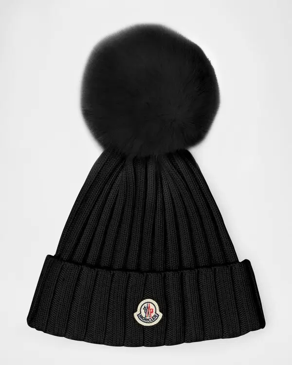 Moncler Ribbed Beanie With Faux Fur Pom - Black