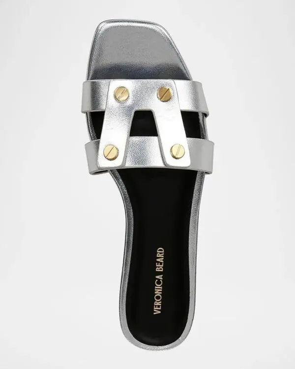Veronica Beard Via Metallic Flat Slide Sandals - Silver