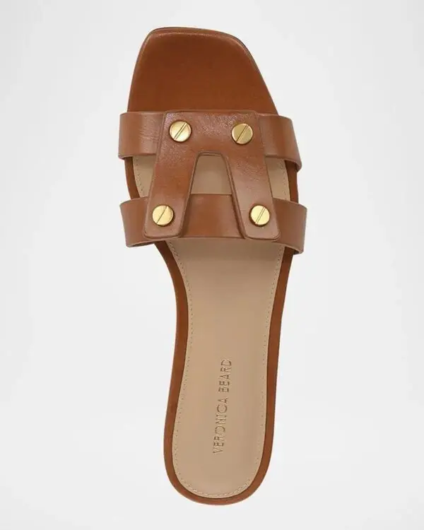 Veronica Beard Via Leather Flat Slide Sandals - Tan