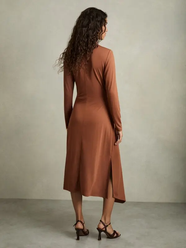 REISS Casey Draped Jersey Midi Dress - Camel