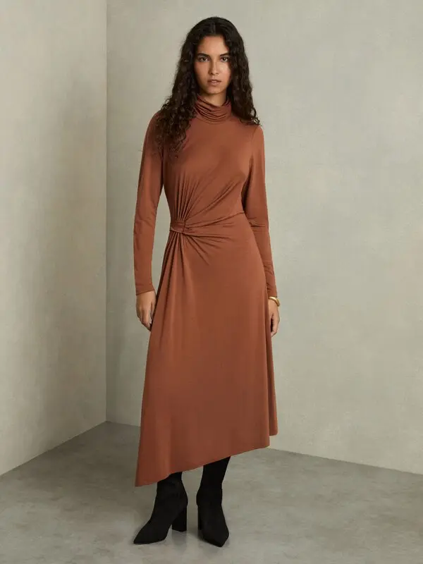 REISS Casey Draped Jersey Midi Dress - Camel