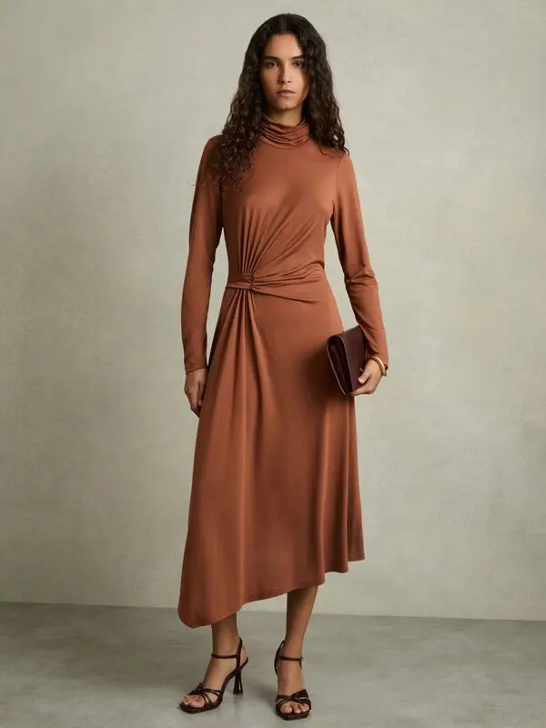 REISS Casey Draped Jersey Midi Dress - Camel