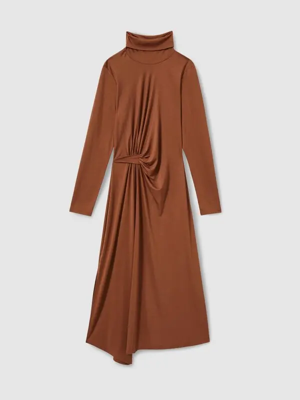 REISS Casey Draped Jersey Midi Dress - Camel
