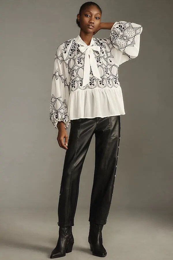 Anthropologie Long-Sleeve Tie-Neck Embroidered Blouse In White - 64% Off |  Editorialist