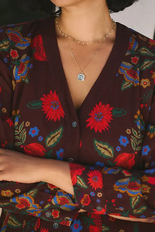BL-NK Rikke Long-sleeve Button-front Midi Dress - Brown Pattern