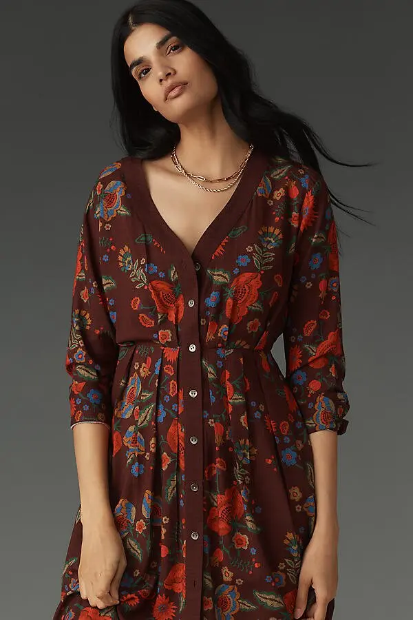 BL-NK Rikke Long-sleeve Button-front Midi Dress - Brown Pattern