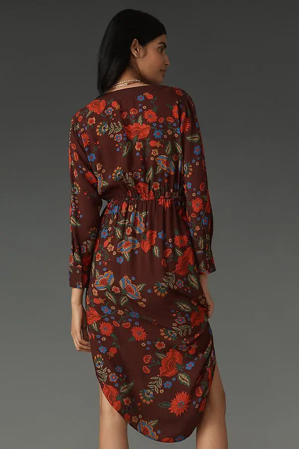 BL-NK Rikke Long-sleeve Button-front Midi Dress - Brown Pattern