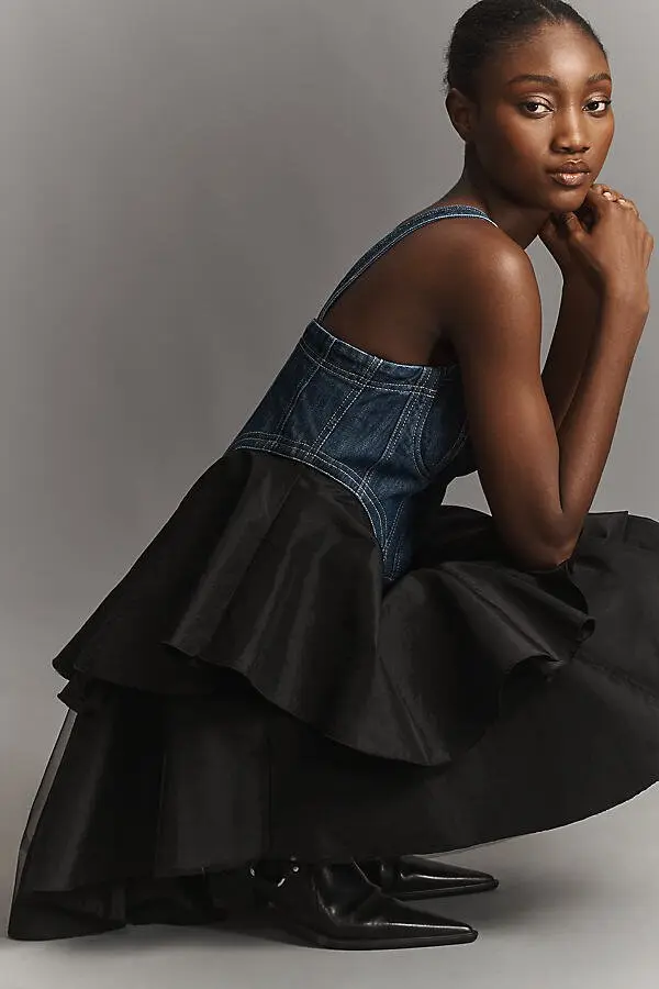 white christmas dresses Fate Denim Tiered Mini Dress in Light Denim L
