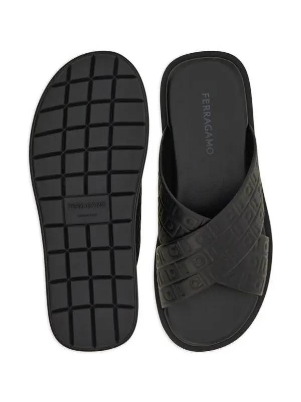 FERRAGAMO Monogram Leather Slides - Black