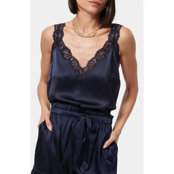 Cami Nyc Fernanda Lace Trim Silk Charmeuse Tank - Navy