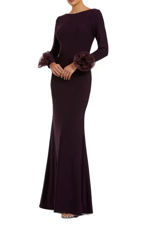 Mac Duggal Long Sleeve Fitted Jersey Gown With 3d Flowers - Amethyst