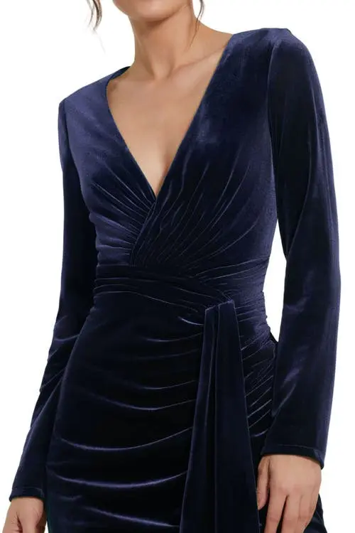 Mac Duggal Long Sleeve Draped Velvet Gown - Cobalt