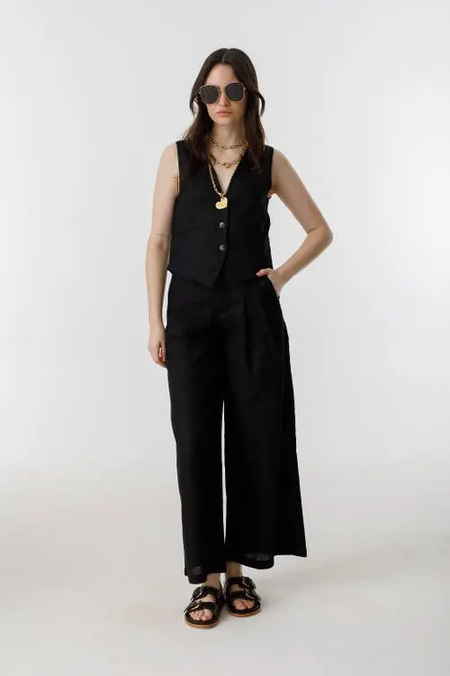 Lanhtropy High-waisted Culotte Linen Pants - Black