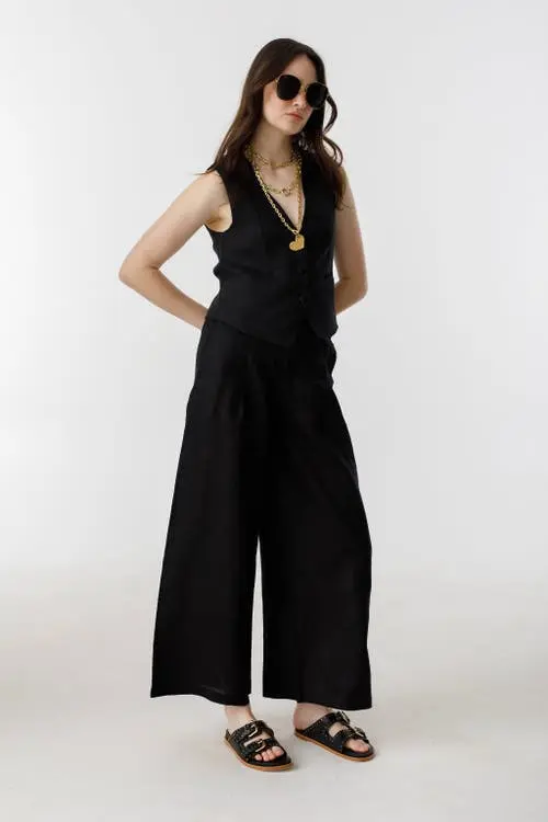 Lanhtropy High-waisted Culotte Linen Pants - Black
