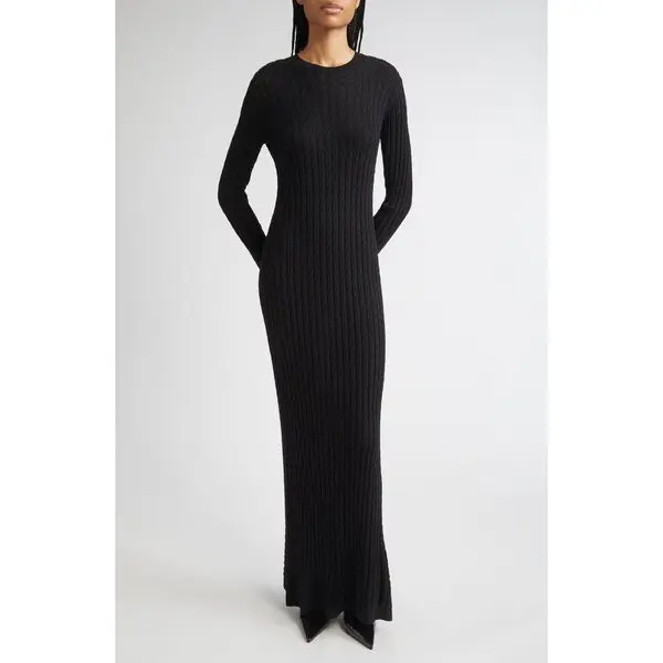 Toteme Long Sleeve Cable Knit Wool Merino Wool Sweater Dress - Black |  Editorialist