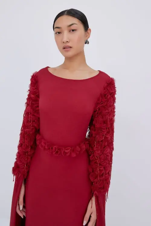 RAISHMA Louisa Gown With Rosette Textured Sleeves
