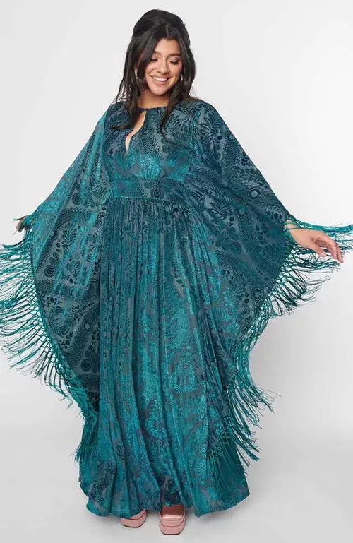 Unique Vintage 1960s Fringe Flutter Sleeve Caftan - Emerald Floral