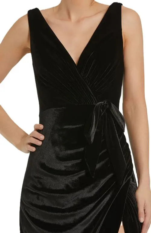 Mac Duggal Deep V High Slit Draped Velvet Gown