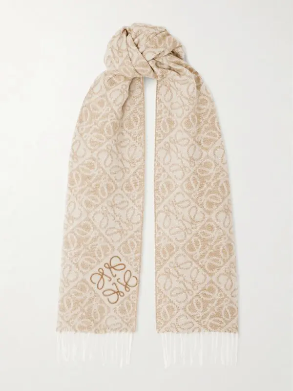Loewe Fringed Wool And Cashmere-blend Jacquard Scarf - Neutrals