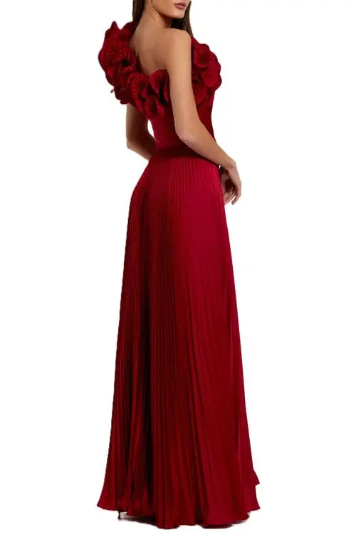 Mac Duggal Pleated Charmeuse One Shoulder Gown - Red