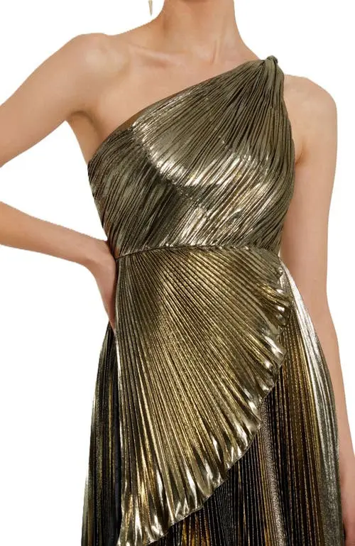 Mac Duggal Pleated Metallic One-shoulder Gown