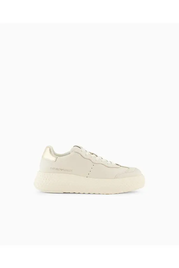Emporio Armani Chunky Leather Sneakers With Gold Back - White