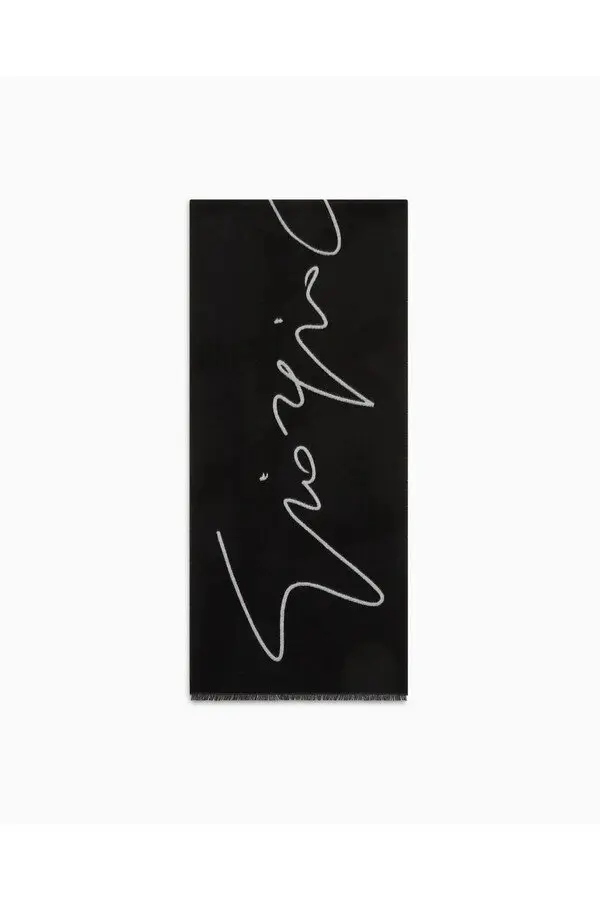 Giorgio Armani Two-tone Wool And Silk Scarf With Signature Logo - Black