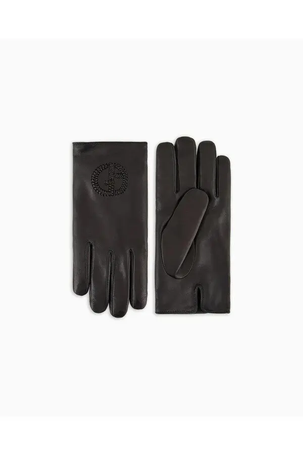 Giorgio Armani Nappa Leather Gloves With Embroidered Logo - Black