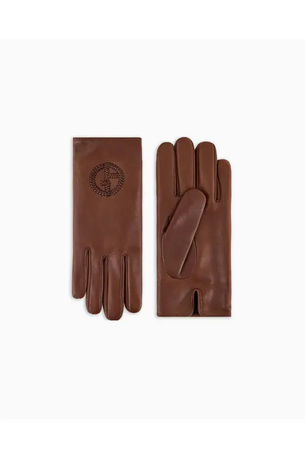 Giorgio Armani Nappa Leather Gloves With Embroidered Logo - Brown