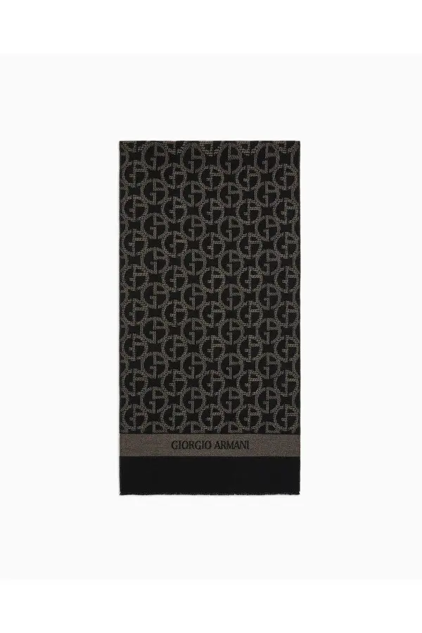 Giorgio Armani Wool Scarf With Jacquard Monogram - Natural