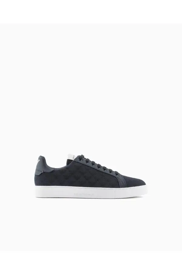 Emporio Armani Nylon Sneakers With Jacquard All-over Eagle - Navy