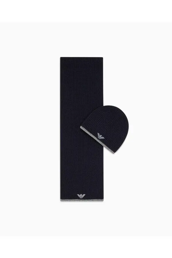 Emporio Armani Hat And Scarf Set With Embroidered Eagle - Navy