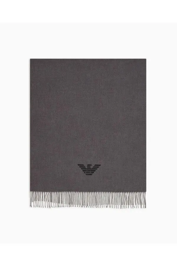 Emporio Armani Fringed Scarf With Eagle Print - Grey