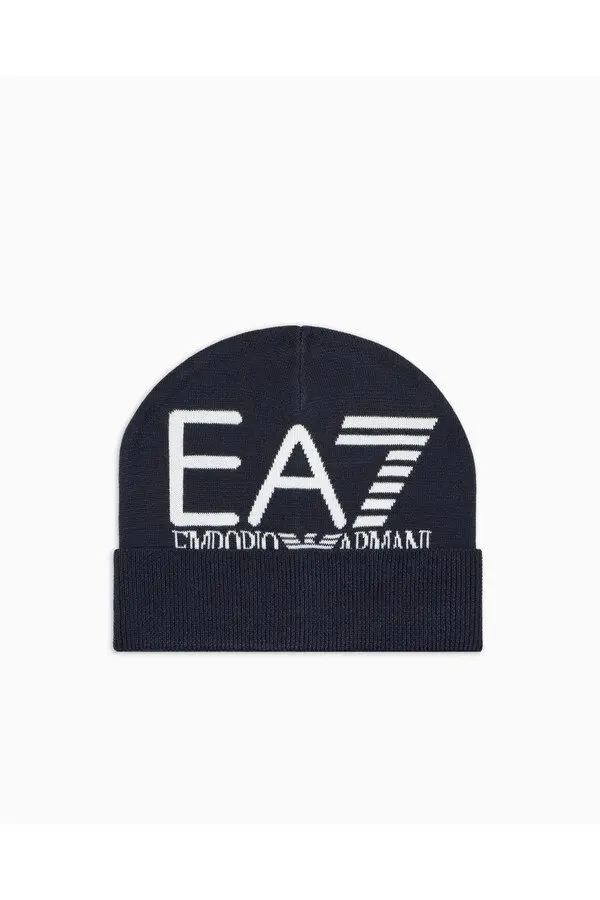 Emporio Armani Ea7 Visibility Beanie With Oversized Logo - Navy
