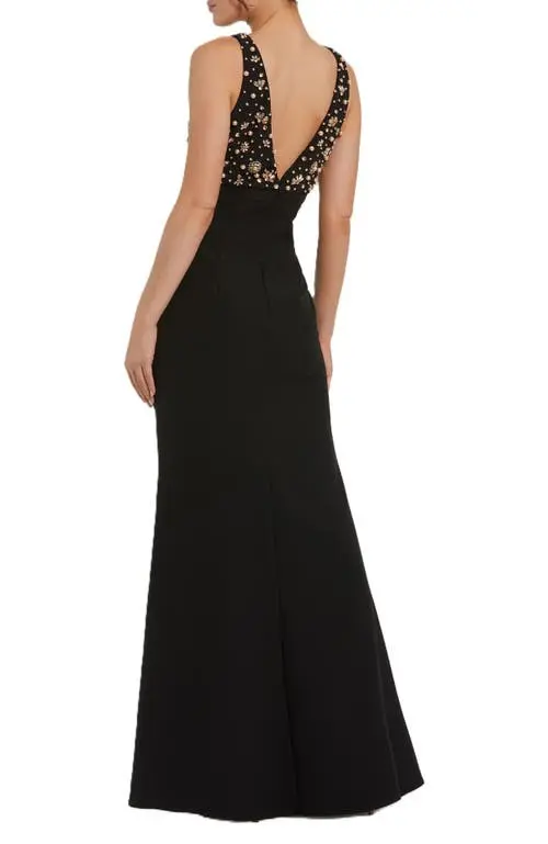 Mac Duggal Crepe Beaded V-neck Gown With Bow - Black