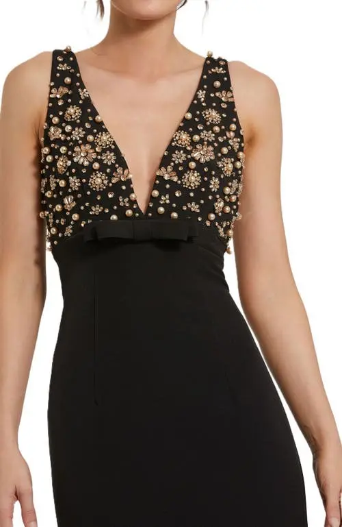 Mac Duggal Crepe Beaded V-neck Gown With Bow - Black