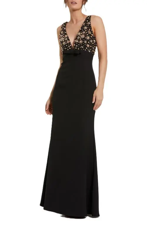 Mac Duggal Crepe Beaded V-neck Gown With Bow - Black