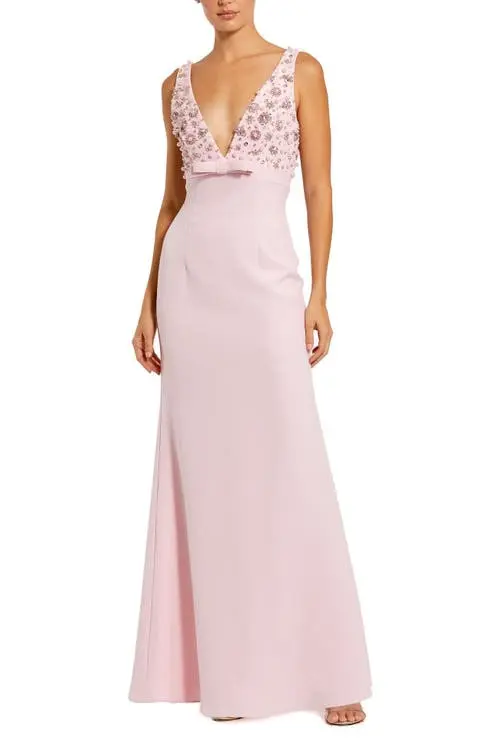 Mac Duggal Crepe Beaded V-neck Gown With Bow - Blush