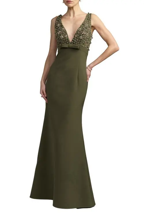 Mac Duggal Sleeveless Beaded V-neck Gown With Bow Detail - Olive