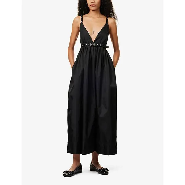 GANNI Duchesse Strap V-neckline Nylon Midi Dress