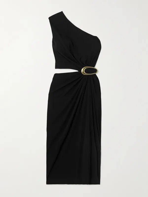 Bottega Veneta One-shoulder Cutout Gathered Crepe-jersey Midi Dress - Black